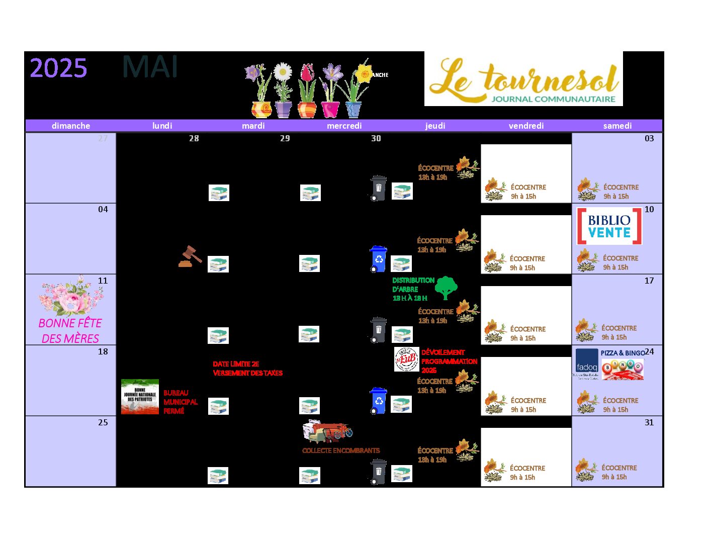 Calendrier Mai 2025 - Municipalité de Sainte-Eulalie